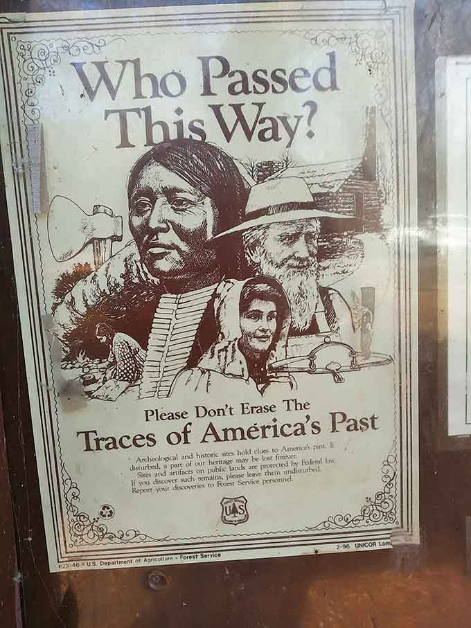 This historical marker reminds visitors that real people walked these paths, completely unaware their town would become a tourist attraction.