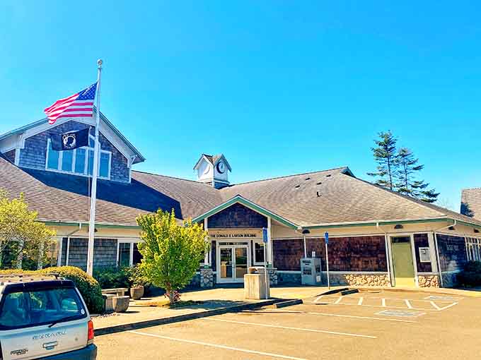 The library's distinctive tower stands as a landmark, guiding treasure hunters back to civilization after hours lost in vintage wonderlands.