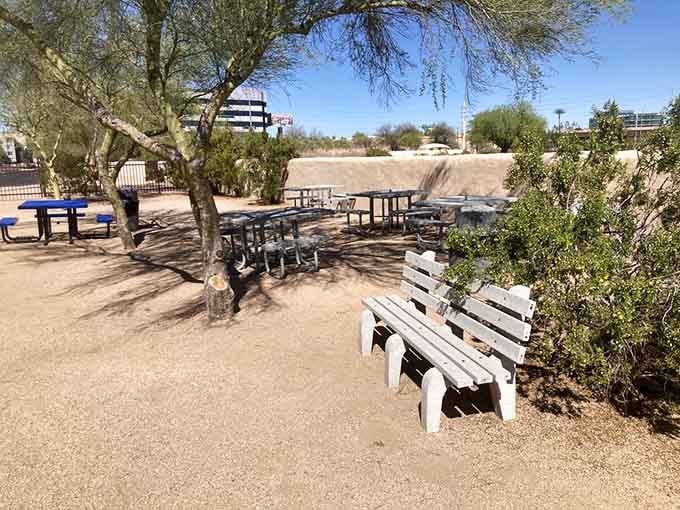 Shaded picnic tables invite contemplation where ancient communities once gathered under these same desert skies.