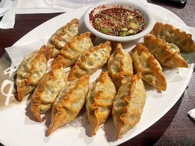 Pan-fried dumplings with those perfect pleats and golden bottoms: little pockets of joy arranged like edible origami.