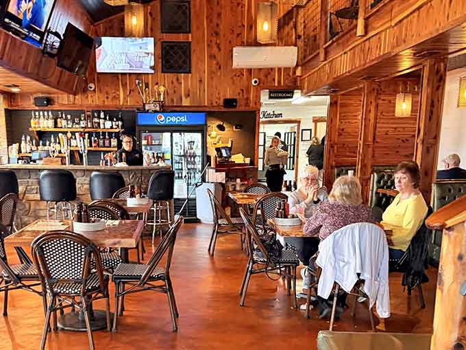 Diners enjoying their meals in a space that balances rustic charm with genuine comfort and style.