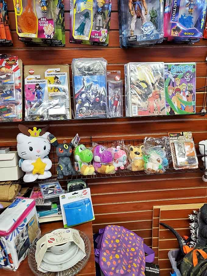 Action figures and plush friends crowd the shelves like a toy box that never learned the meaning of moderation.