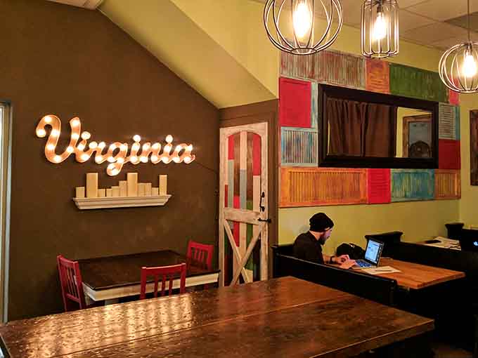 Inside, Virginia pride meets quirky charm with decor that celebrates local love while keeping things delightfully unpretentious and fun.