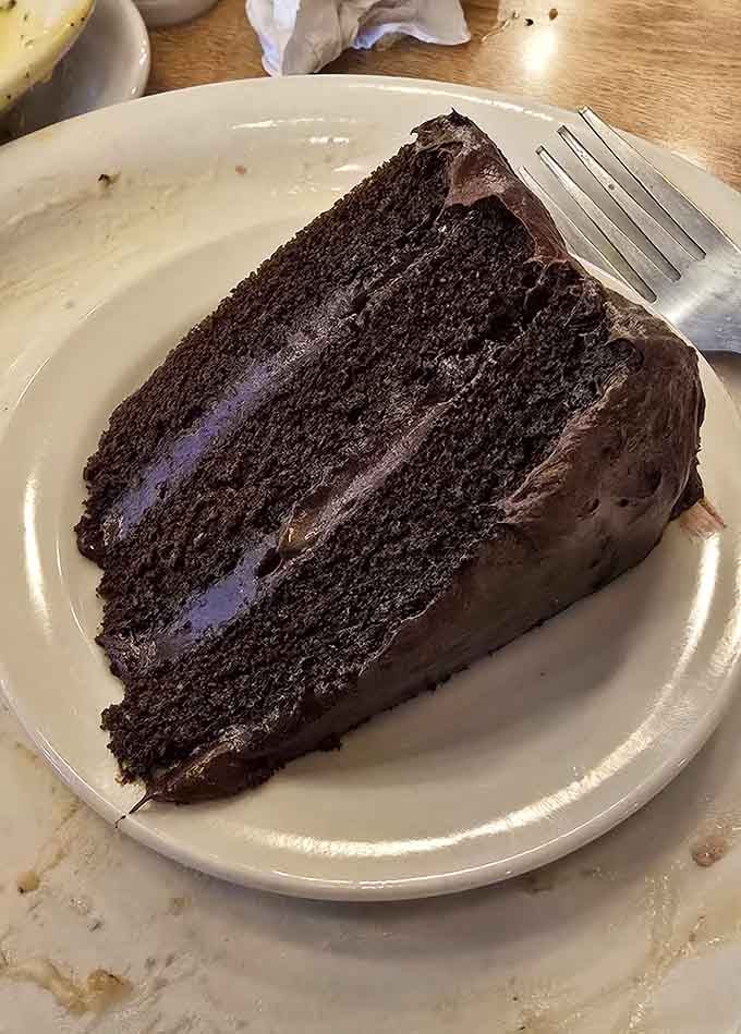 That towering slice of chocolate cake is what happens when a bakery decides to take your happiness seriously.