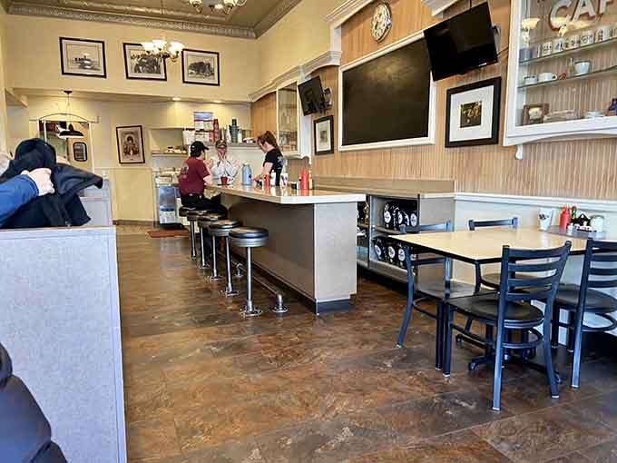 Classic diner counter seating where you can watch the magic happen while enjoying unlimited coffee refills and friendly conversation.