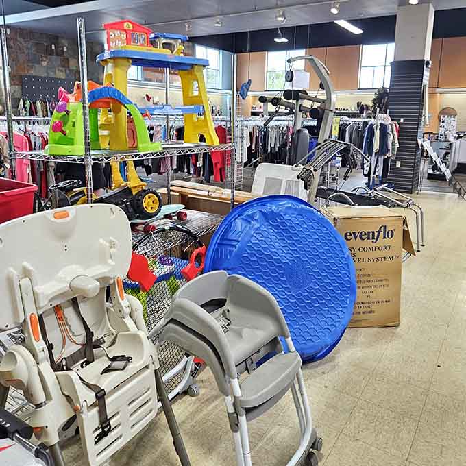 Kids' items and baby gear fill an entire section, saving young families from choosing between groceries and growth spurts.