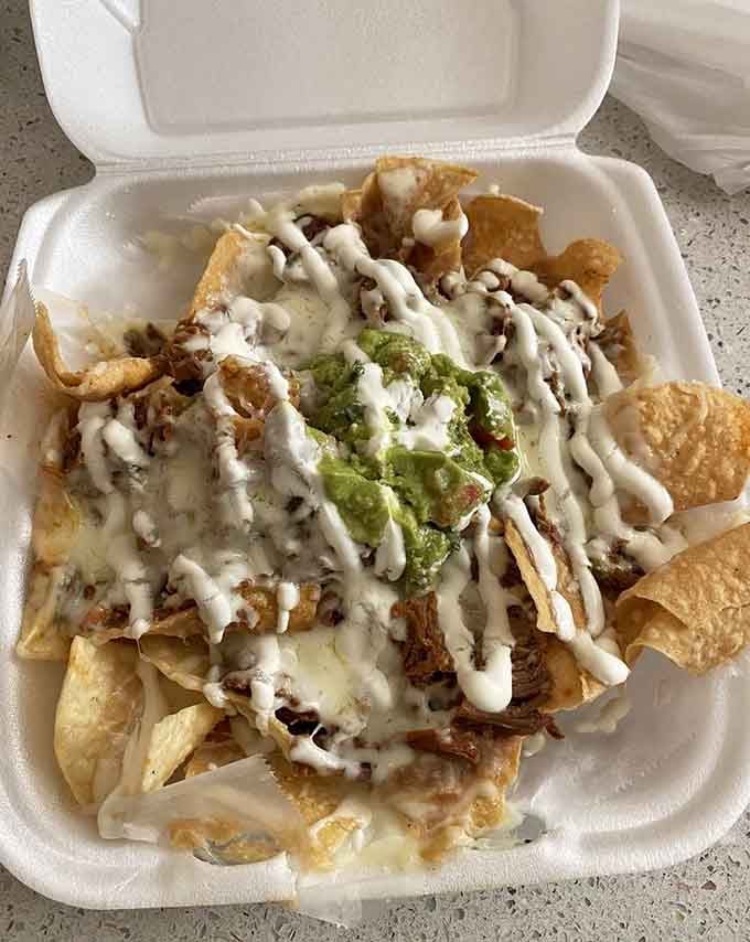 Shredded beef nachos drowning in cheese and crema, making every chip count in this glorious mess of deliciousness.