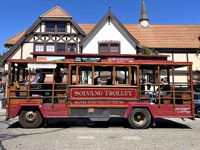 The Solvang Trolley rolls through town like a time machine on wheels, minus the flux capacitor but plus the charm.