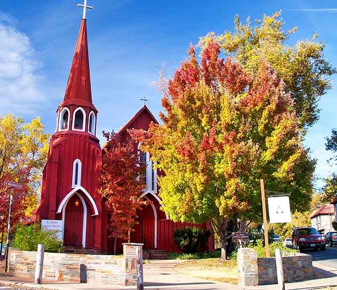 St. James Episcopal Church surrounded by fall foliage creates a scene so perfect it almost seems staged by nature itself.