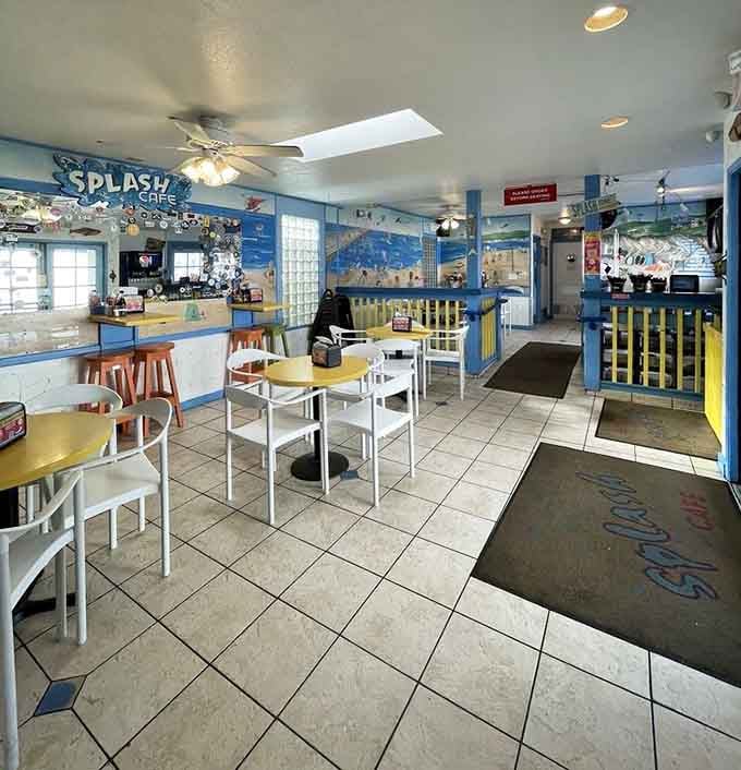 The bright blues and yellows create a coastal atmosphere that feels like a permanent vacation from everyday life.