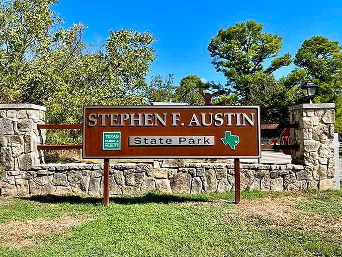 The park entrance sign welcomes you to a place where Texas history and natural beauty decided to become roommates.