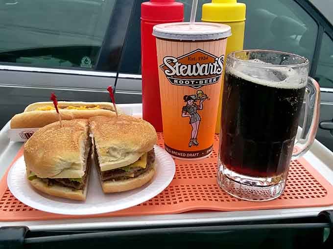 Car tray dining: because some traditions are too perfect to abandon for indoor seating and air conditioning.