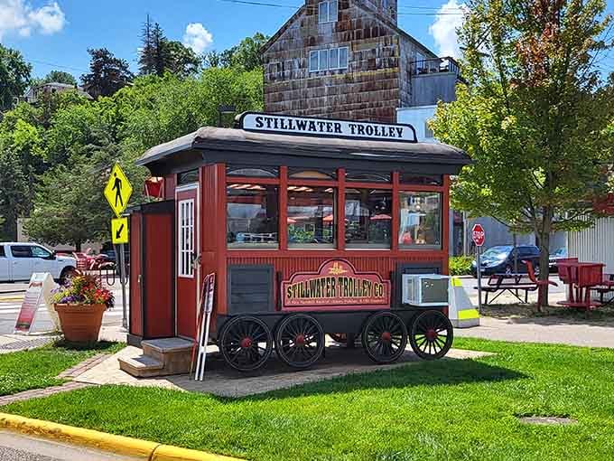 The Stillwater Trolley sits ready to transport you through town, no DeLorean or flux capacitor required for this trip.