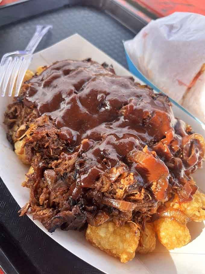 Pulled pork piled high on crispy tots with barbecue sauce&mdash;this is not the time for portion control, folks.