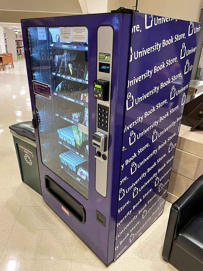 A vending machine that somehow fits perfectly into this medieval-meets-modern academic wonderland.
