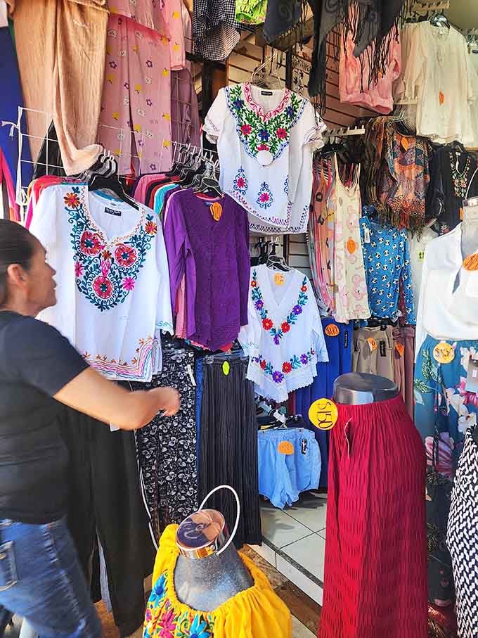 Embroidered Mexican blouses hanging like wearable art, bringing vibrant culture and craftsmanship to your wardrobe.