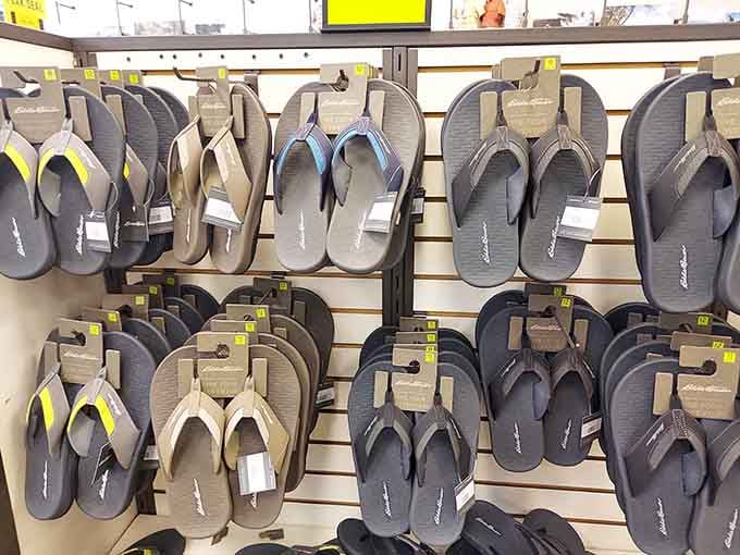 Flip-flops organized by color like a podiatrist's fever dream, ready for summer adventures at Table Rock Lake.