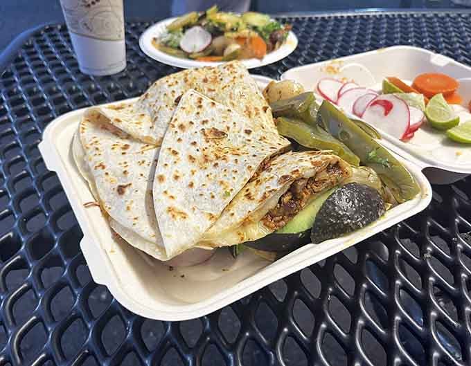 Golden, crispy quesadilla with roasted peppers on the side&mdash;simple ingredients transformed into something absolutely magical and completely satisfying.