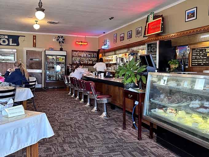 The classic diner counter with chrome stools where countless travelers have fueled up since your grandparents were young.