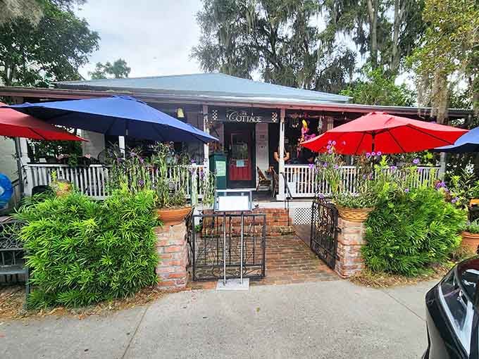 That brick walkway leading through the white picket fence feels like an invitation to a slower, sweeter kind of morning.