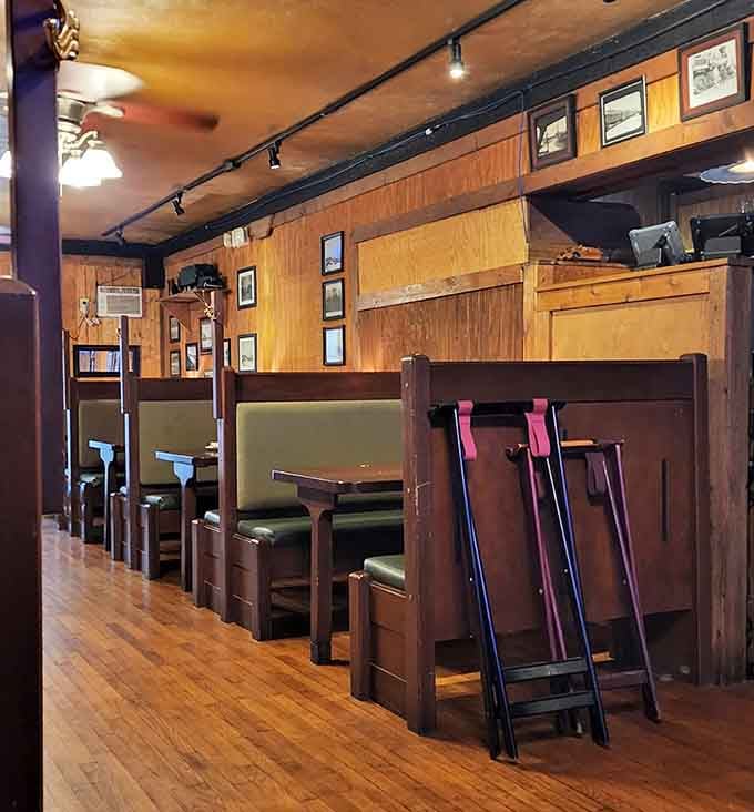 Rows of booths ready to welcome hungry guests seeking comfort food in a comfortable setting.