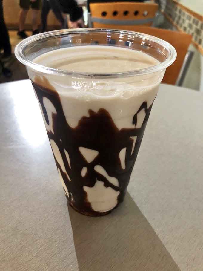 Chocolate milk swirled artistically in a clear cup proves even the drinks here get the special treatment they deserve.