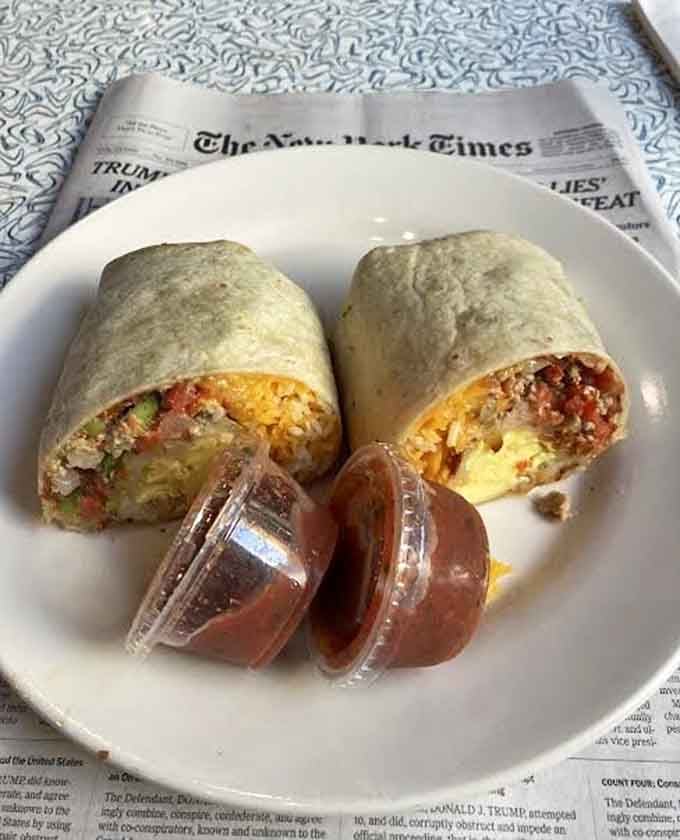 Two breakfast burritos arrive ready to fuel your entire day, or possibly your entire week if you're conservative.