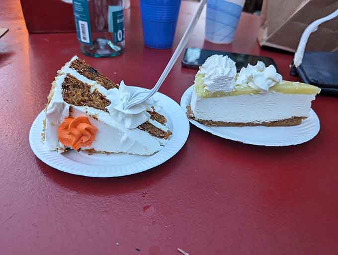 Carrot cake and key lime pie sitting together like old friends, both ready to make your dessert decision impossibly difficult.