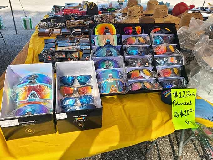 Polarized sunglasses organized by color, protecting eyes while making everyone look mysteriously cool under the Carolina sun.