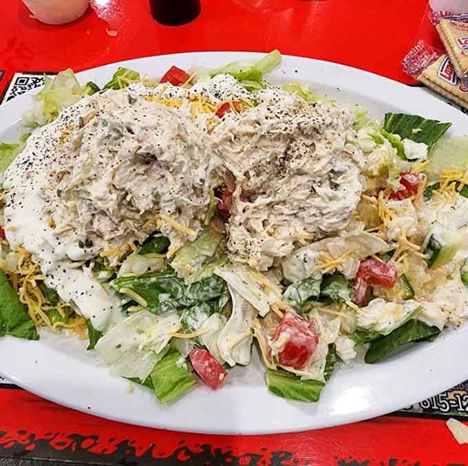Chicken salad piled high enough to require architectural planning before your first bite, and it's glorious.