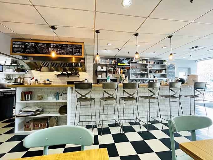 Counter seating with a view into the kitchen means you can watch your globally inspired meal come together beautifully.