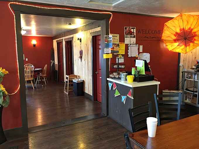 The front counter and bakery display case beckon with fresh pastries that'll tempt you before you even sit down.