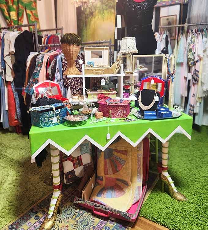 Jewelry and accessories displayed on whimsical furniture that's probably also for sale if you ask nicely.