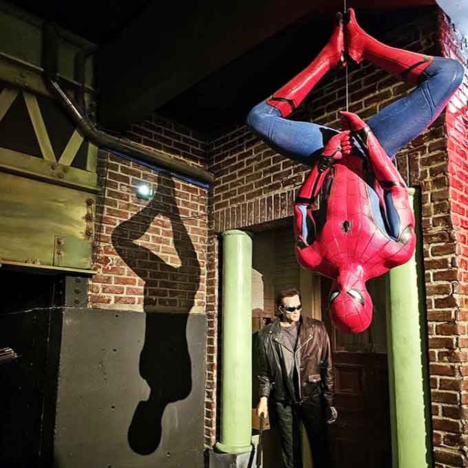 Spider-Man dangles overhead while the Terminator lurks below, creating the ultimate superhero-meets-cyborg photo op you never knew you needed.