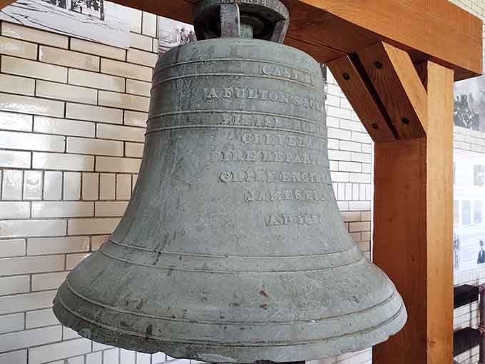This massive antique fire bell once rang out urgent warnings across Cleveland neighborhoods, its voice carrying hope and help.