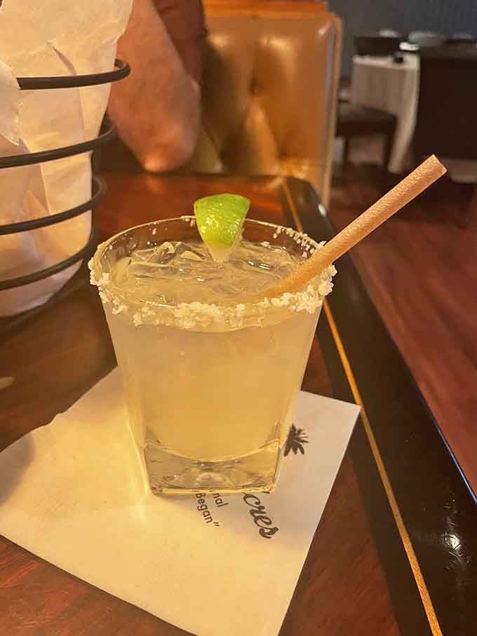 A margarita with a salt rim so perfect, it deserves its own standing ovation before first sip.