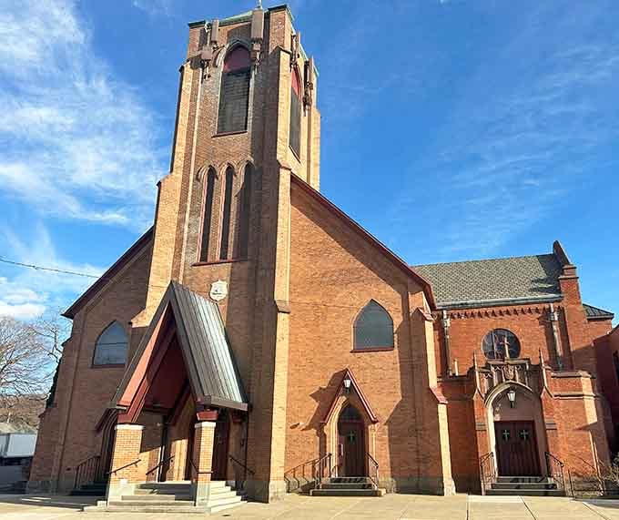 St. Augustine's Church tower reaches skyward like it's trying to have a conversation with the clouds above.