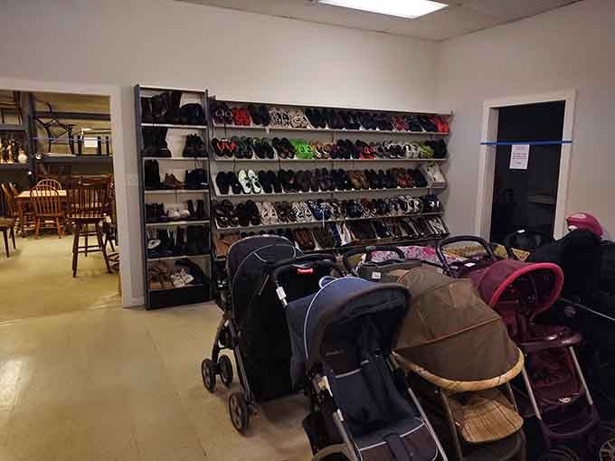 Rows of shoes and strollers organized better than most department stores&mdash;thrift shopping has seriously leveled up, folks.