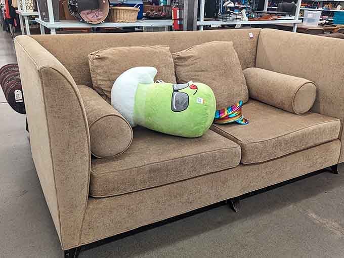 Even the furniture comes with character, like this couch sporting a cheerful green companion.