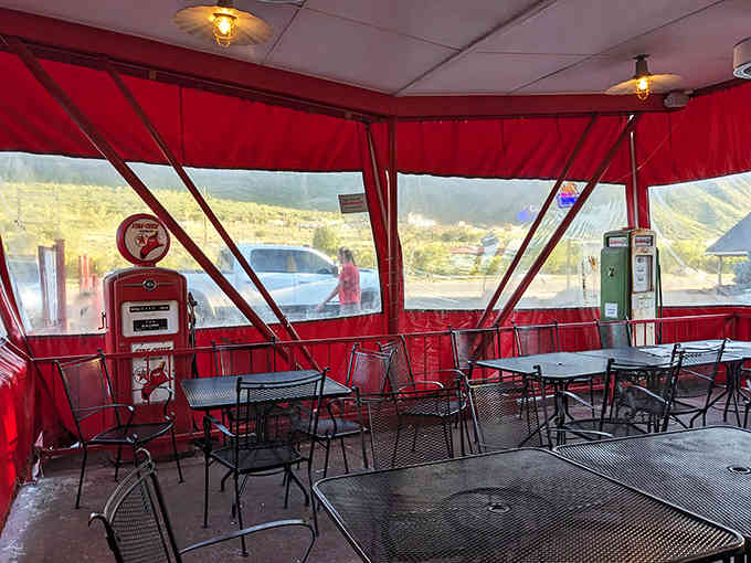 Vintage gas pump decor adds authentic charm, reminding you when both gas and burgers were simpler, better, and more honest.