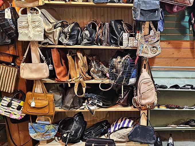The handbag wall offers everything from practical leather to whimsical patterns for every possible occasion ahead.