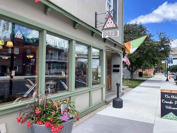 The Olde Triangle Pub welcomes you with Irish hospitality and flowers that brighten the whole block.