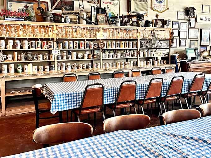 An impressive beer stein collection lines the walls, each one telling stories of countless toasts and celebrations past.