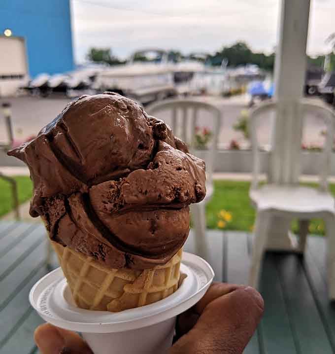A waffle cone piled high with chocolate is the kind of architectural achievement that deserves its own monument.