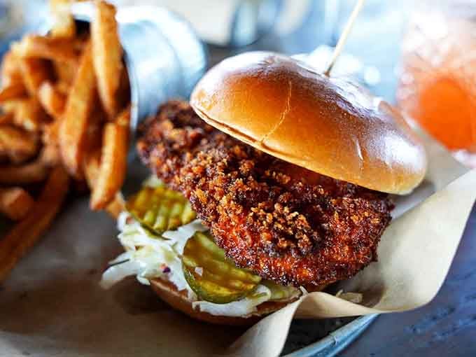 That crispy fried chicken breast with pickles on a soft bun channels Nashville's finest without requiring a plane ticket.