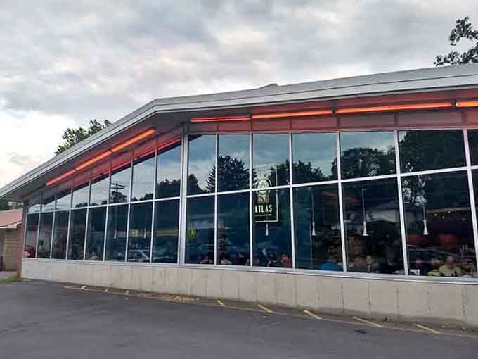 Mid-century modern lines and that distinctive roofline make this spot look like it belongs in an episode of Mad Men.