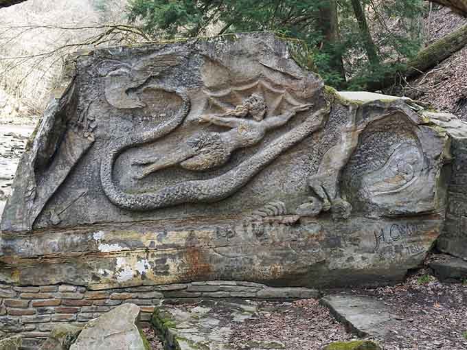 Ancient stone carvings emerge from rock faces, mysterious artworks that connect us to people who walked here long ago.
