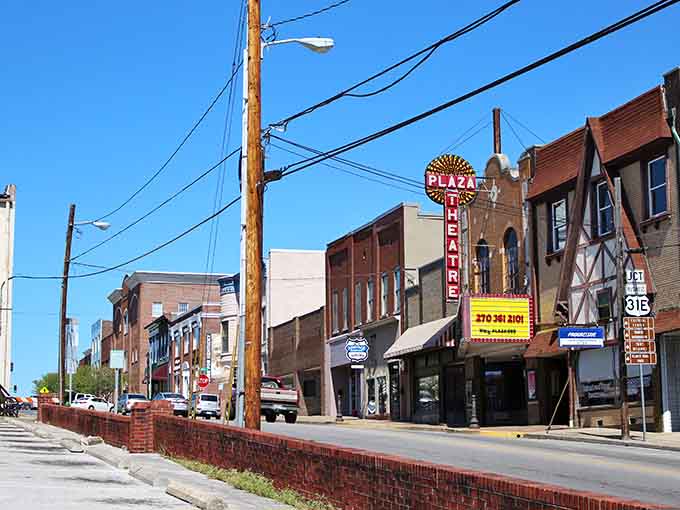The vintage Plaza Theatre sign stands as a beacon of entertainment from a more glamorous era.