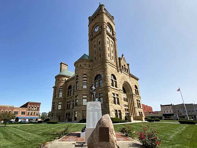 This Romanesque courthouse with its dramatic tower looks like it could be guarding Gotham instead of peaceful Indiana farmland.