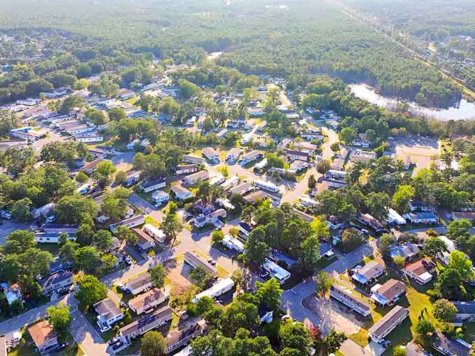 Tree canopy shelters neat rows of homes from above, creating a green oasis perfect for peaceful retirement living.
